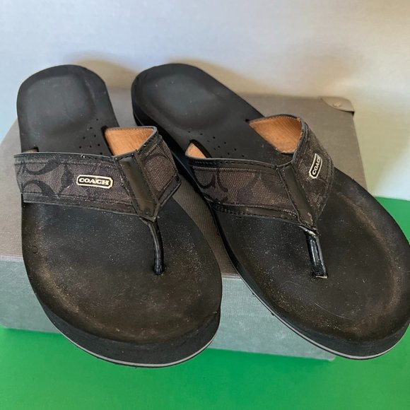 Coach | Shoes | Coach Black With Signature Print And Label Flip Flops ...